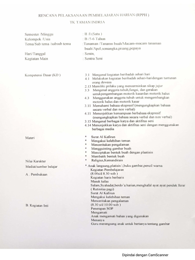 CONTOH RPPH Tema Tanaman Buah | PDF