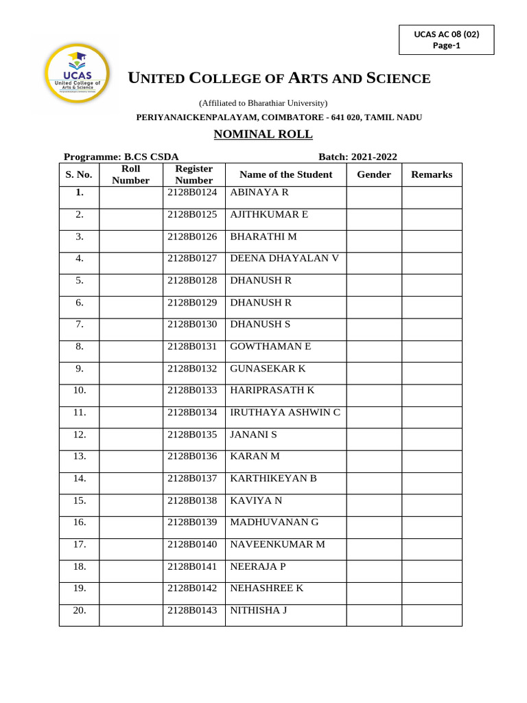 B.SC CS Nominal Roll | PDF