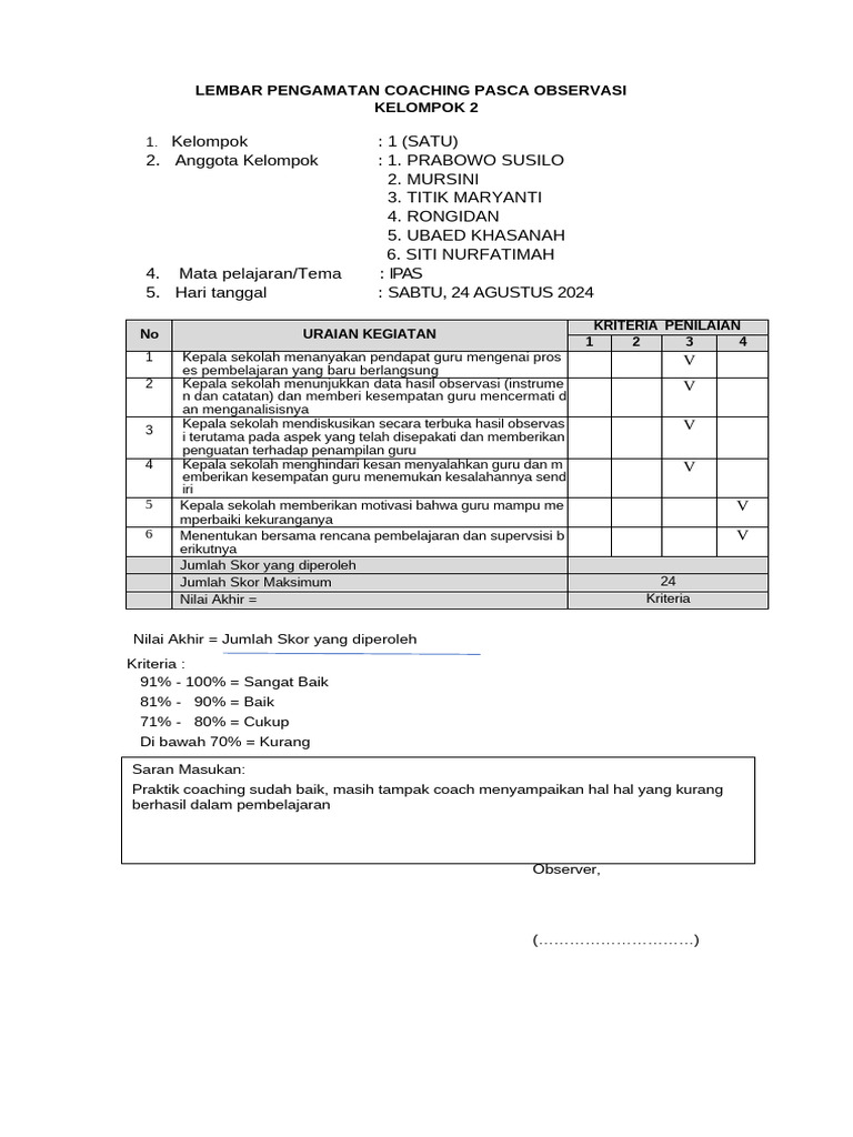 LK 3 Instrumen Pengamatan Coaching Pasca Observasi | PDF