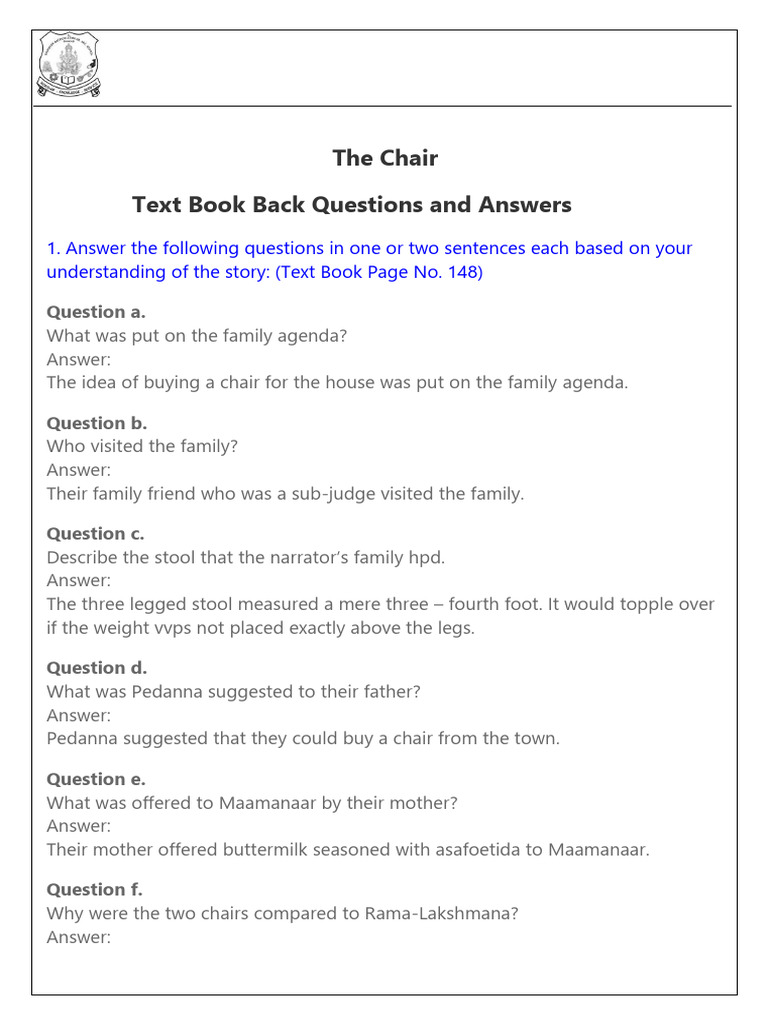 Unit - 5: The Chair Text Book Back Questions and Answers | PDF | Chair