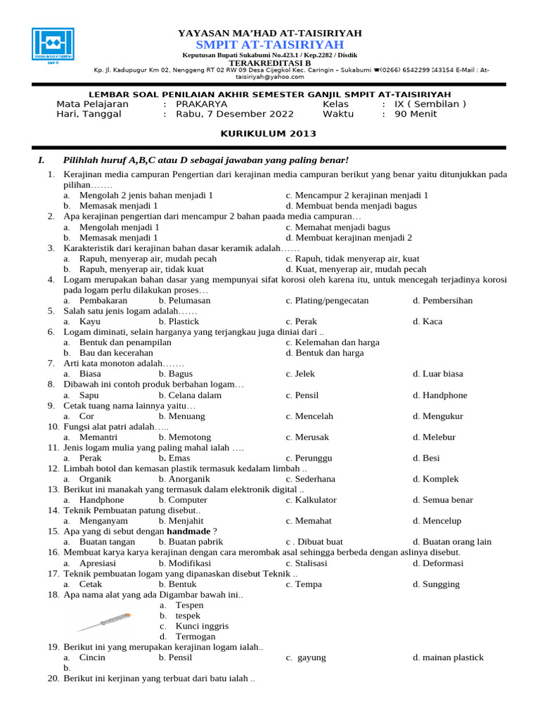 Soal Pas Prakarya Kelas 9 | PDF