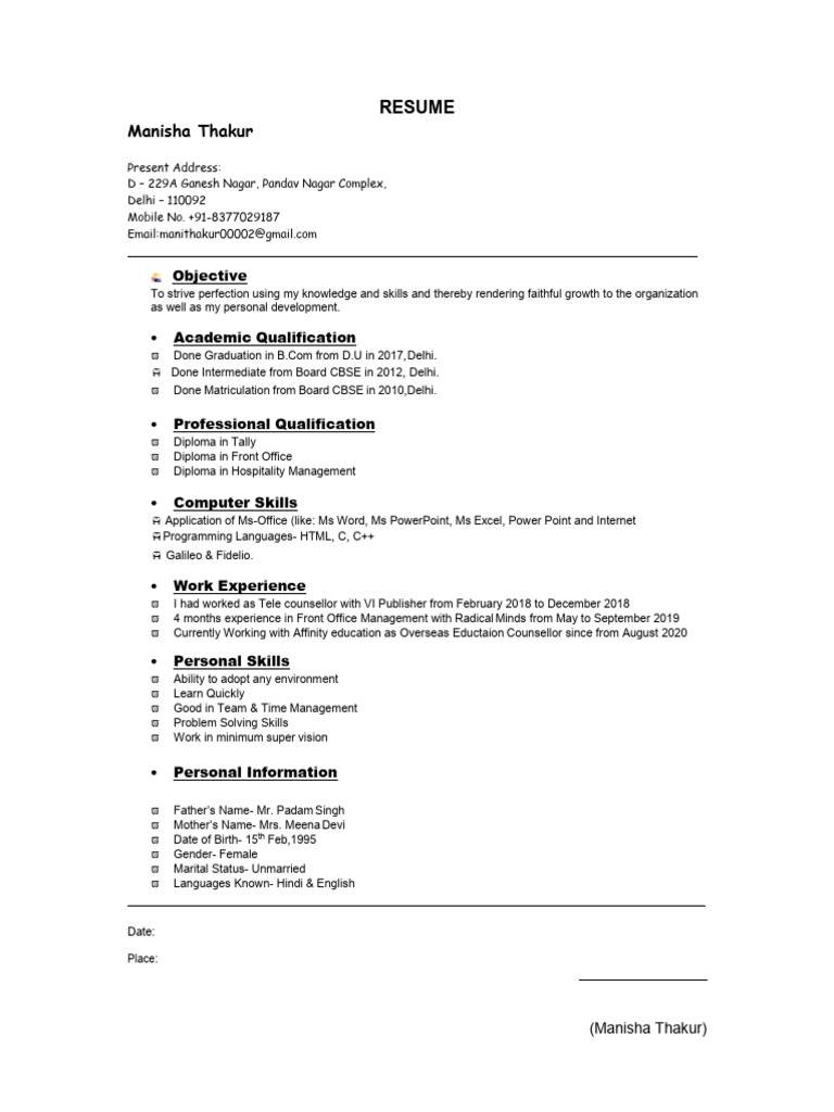 Manisha Thakur: Resume | PDF | Career & Growth