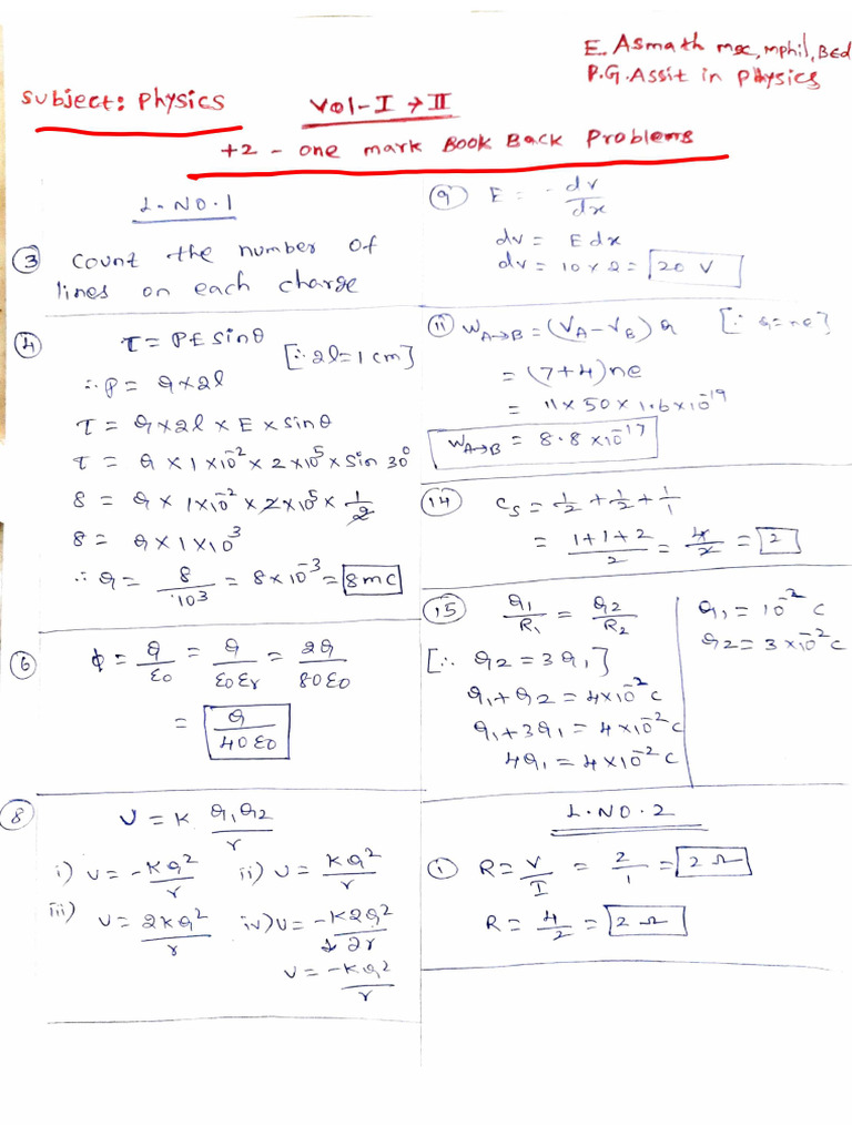12 TH Physics Vol-1&2 Book Back 1 Mark Problems | PDF