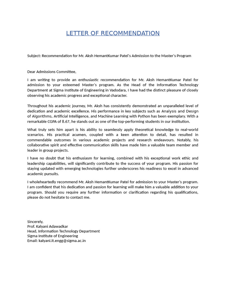 Letter of Recommandation | PDF