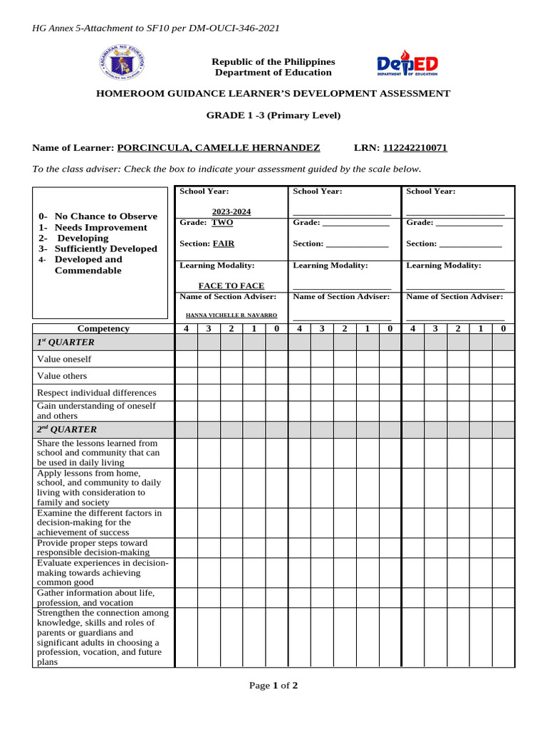 2 SF10 Proposed Primary Level G1 3 HG Assessment Template | PDF ...