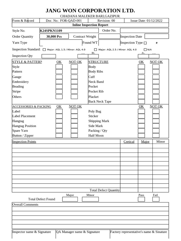 Inline Inspection Report for Garments | PDF | Needlework | Textiles