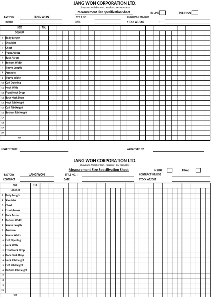 Measurement Sheet | PDF