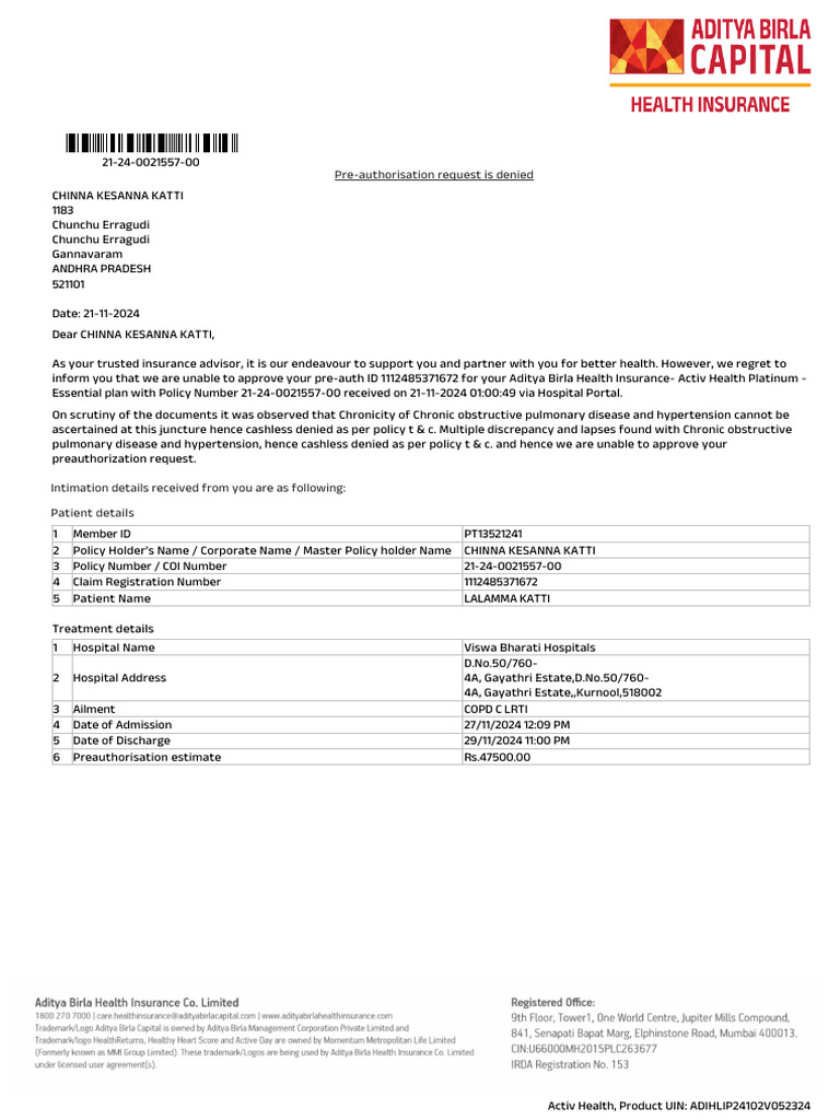 Pre-Authorization Denial Notice | PDF | Chronic Condition | Health Care