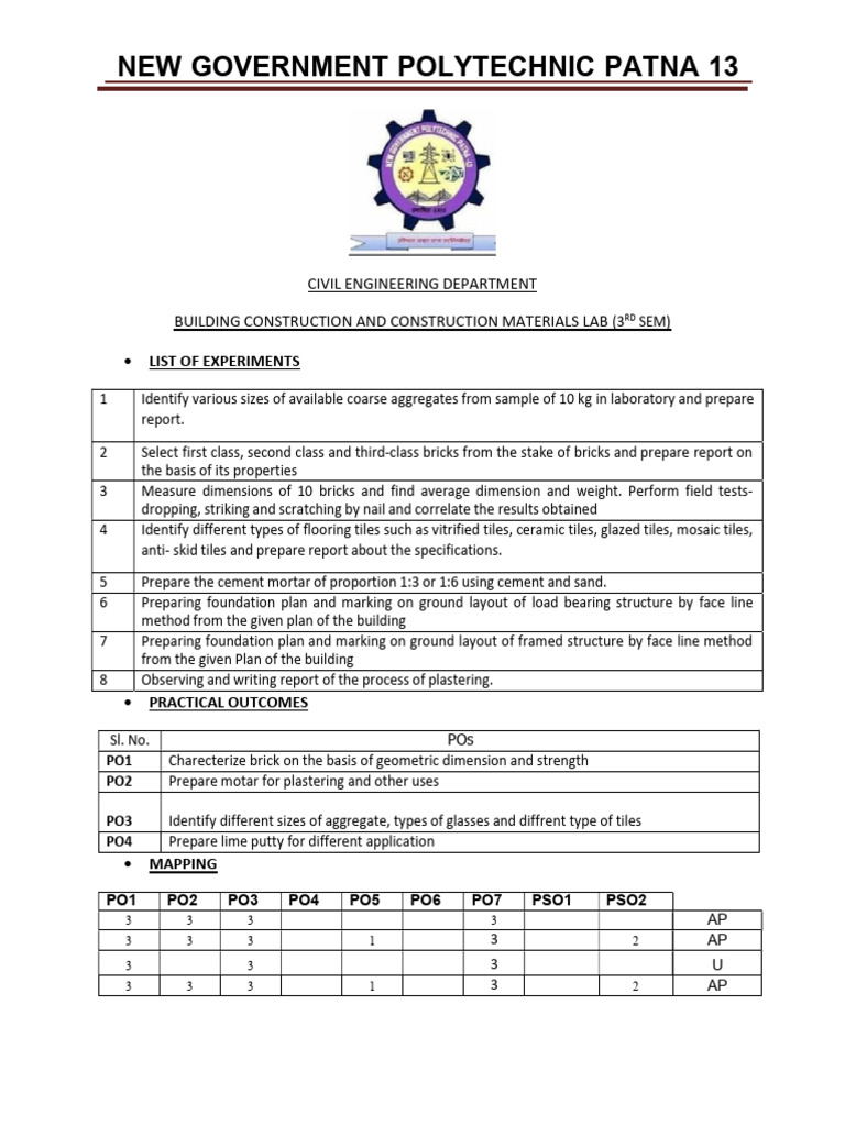 Building Construction and Construction Materials Lab Manual | PDF ...