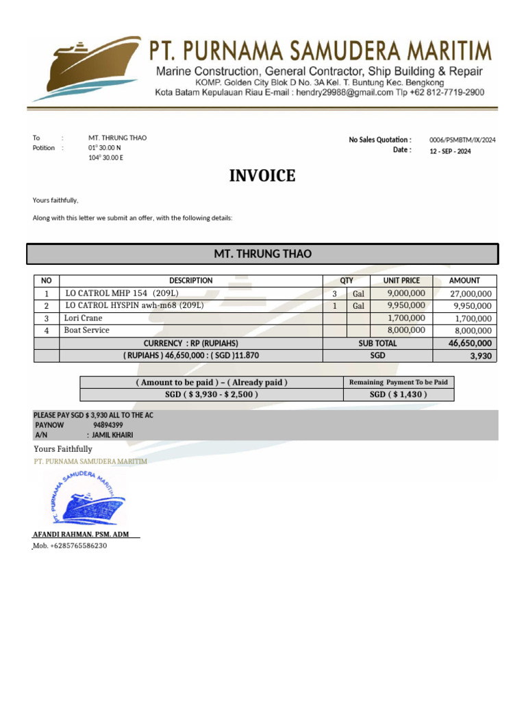 Quotation - PSM 2024 - 0006 - MT. THRUNG THAO PDF | PDF