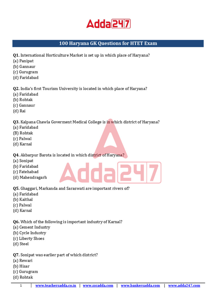 100 Haryana GK Questions For HTET Exam | PDF