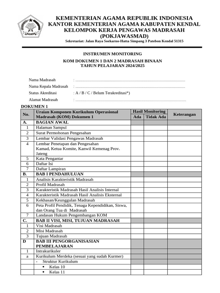 Instrumen Monev Kom Dok 1 Dan 2 Ma 2024 | PDF | Karier & Perkembangan