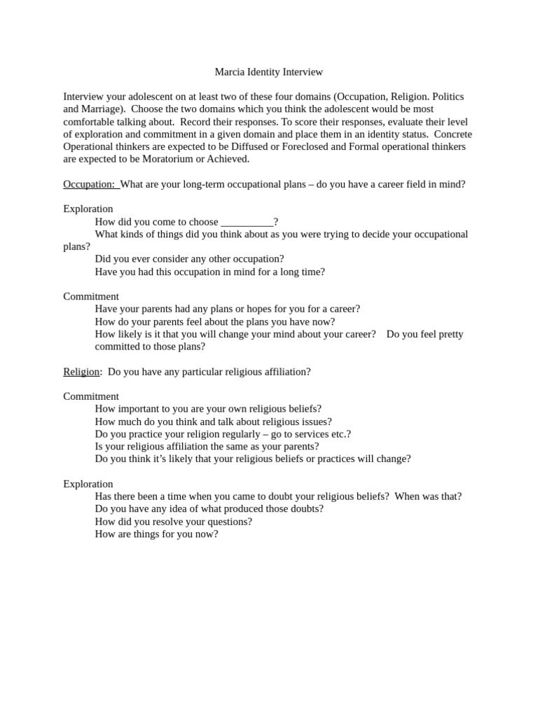 Marcia Identity Interview | PDF | Religious Identity | Identity (Social ...