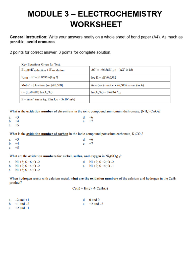 Electrochem Worksheet | PDF | Teaching Methods & Materials