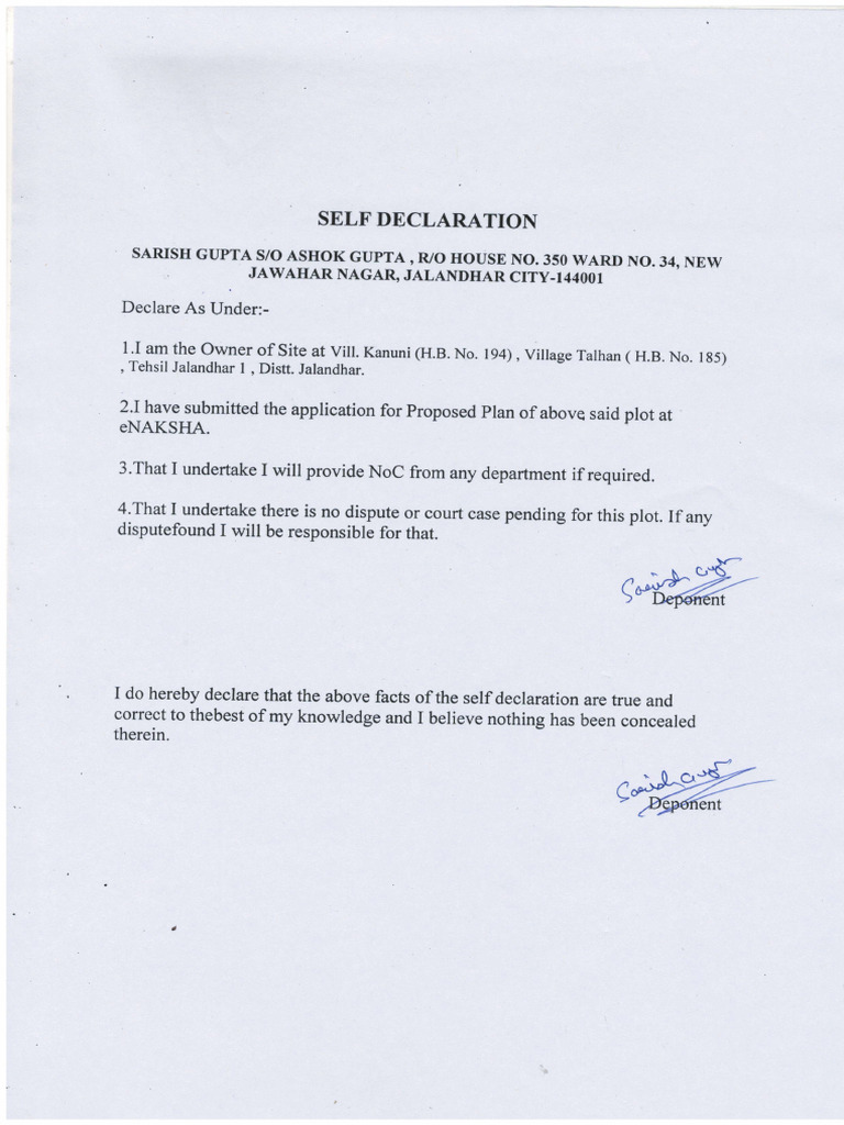 Self Declaration for Property Ownership | PDF