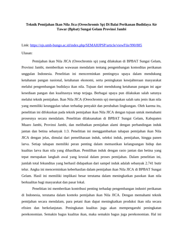 Teknik Pemijahan Ikan Nila JICA | PDF