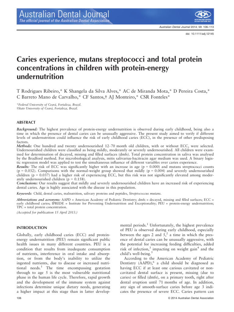 Caries Experience, Mutans Streptococci and Total Protein | PDF ...
