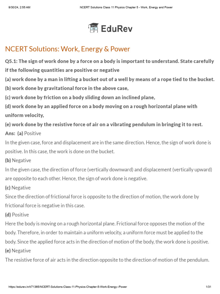 NCERT Solutions Class 11 Physics Chapter 5 - Work, Energy and Power | PDF | Force | Friction