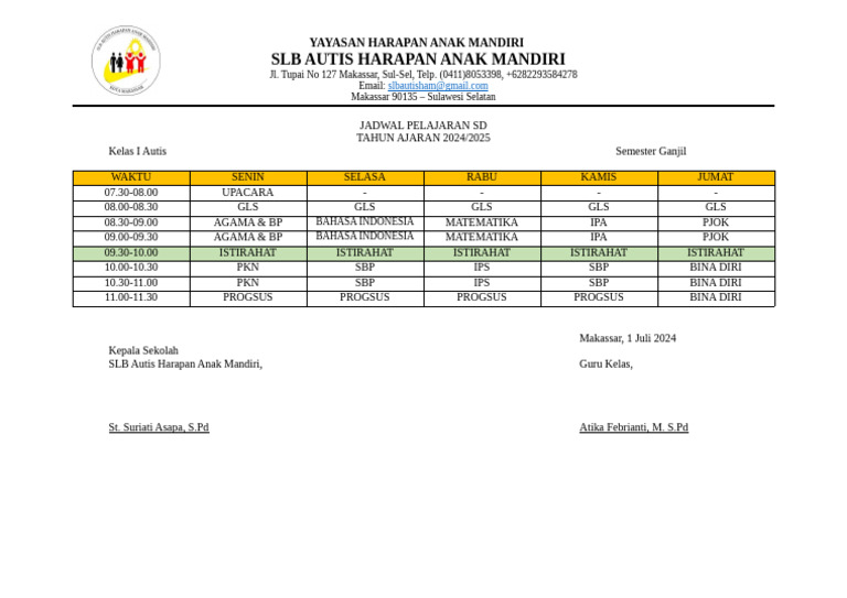 Roster Kelas 1 SD Autis TA 2024-2025 | PDF