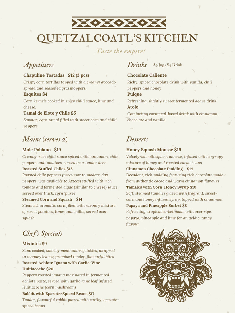 Aztec Themed Restaurant Menu | PDF | Chocolate | Chili Pepper