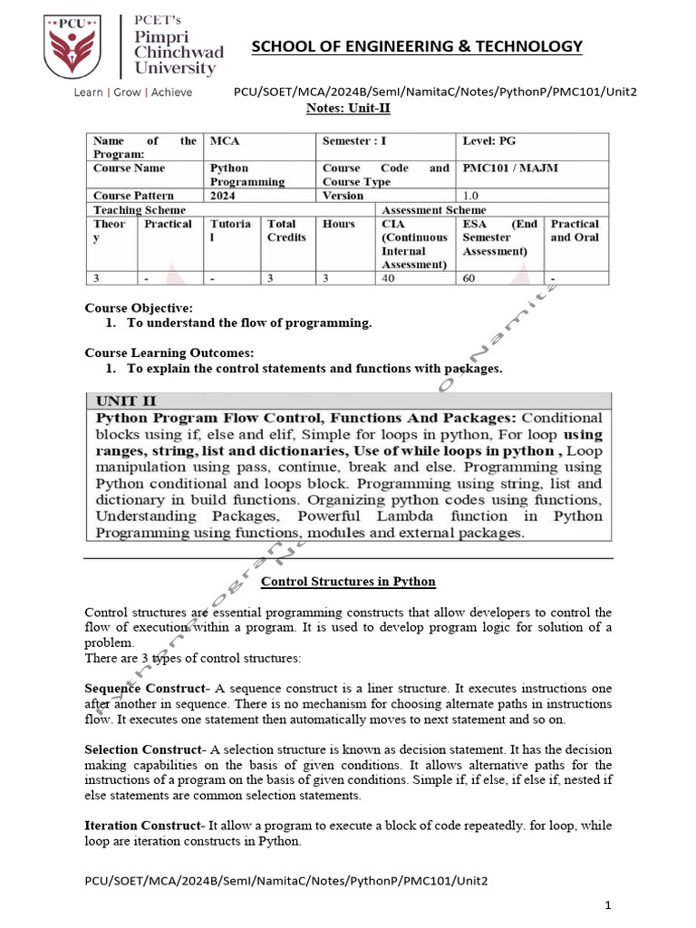 Unit-II Notes PDF | PDF | Control Flow | Python (Programming Language) Unit-II Notes PDF | PDF | Control Flow | Python (Programming Language)