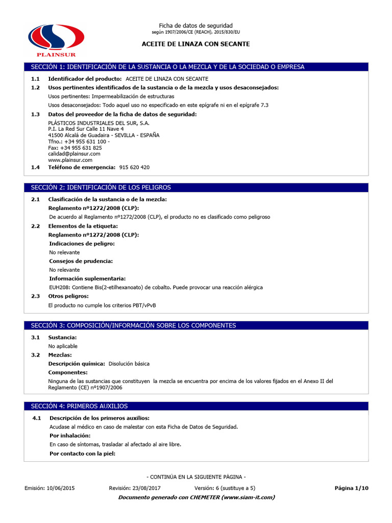 Aceite de Linaza Con Secante FDS | PDF | Residuos | Química