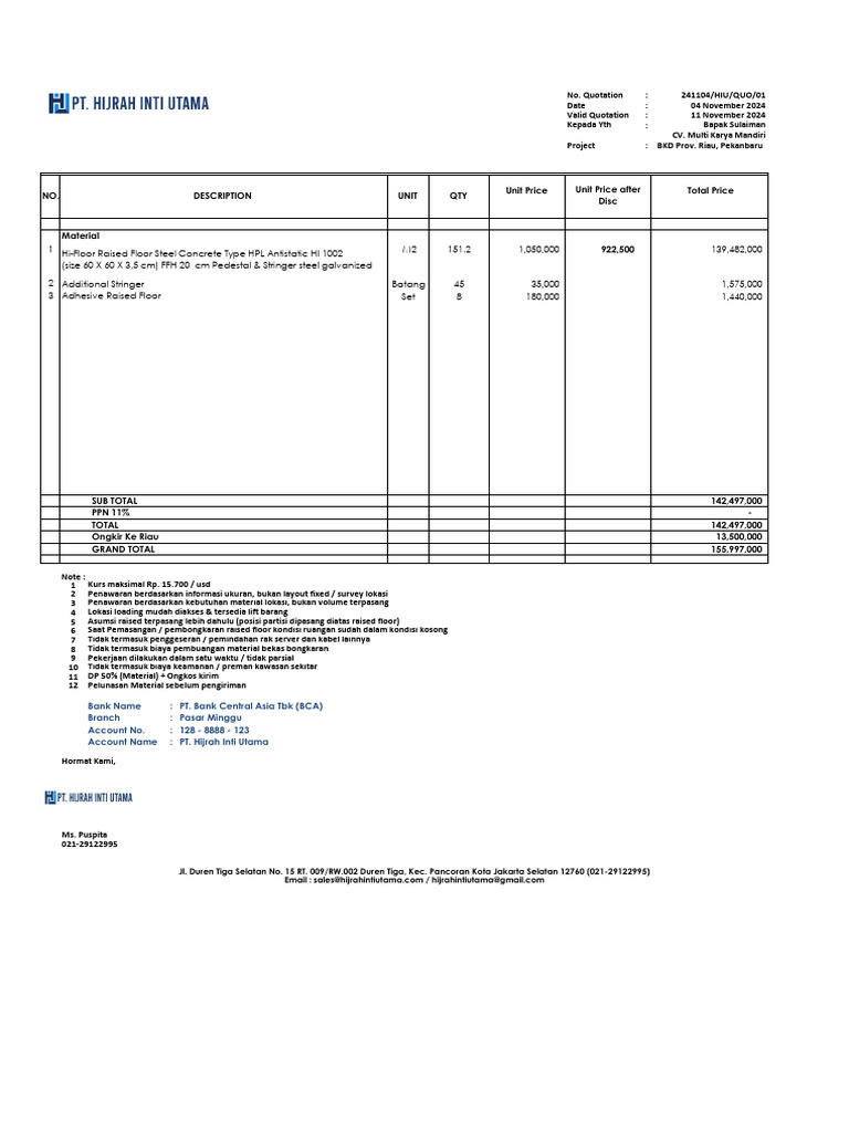 241104HIUQUO01 CV. Multi Karya Mandiri Bapak Sulaiman Project BKD Prov Riau, Pekanbaru | PDF