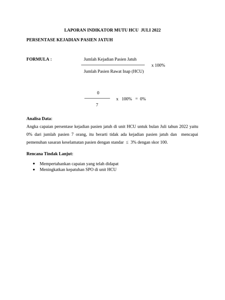 Laporan Hcu Mutu Juli 2022 | PDF