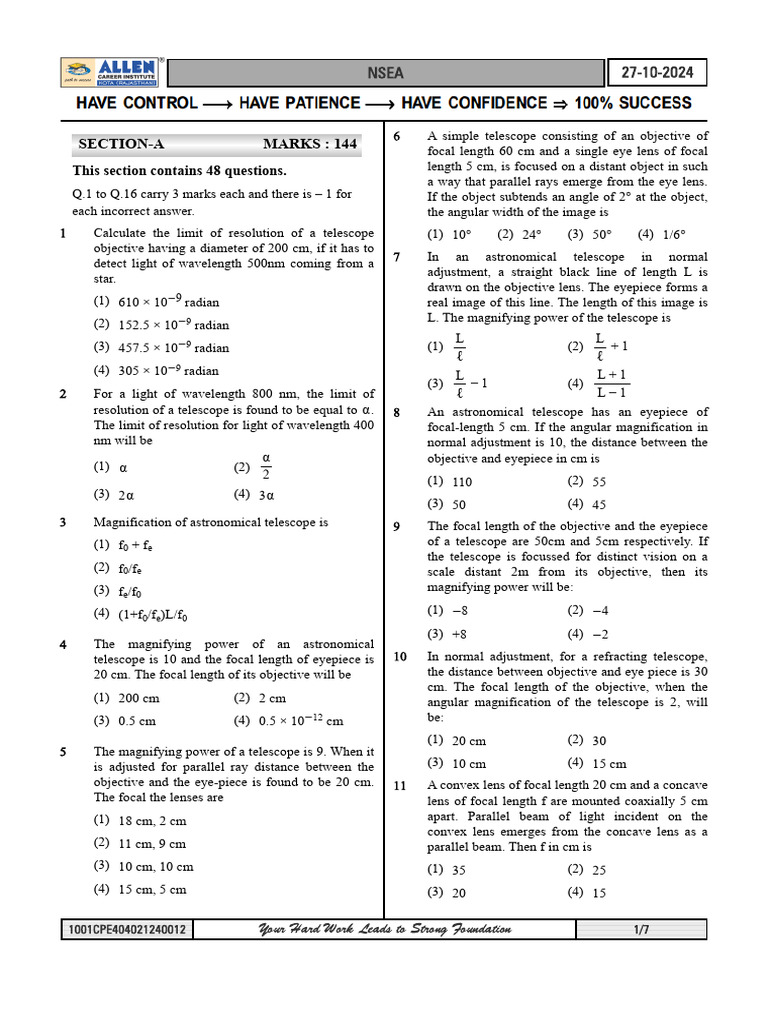 27-Oct-24 NSEA Class X ST Test-6 Paper | PDF | Angular Resolution | Optics
