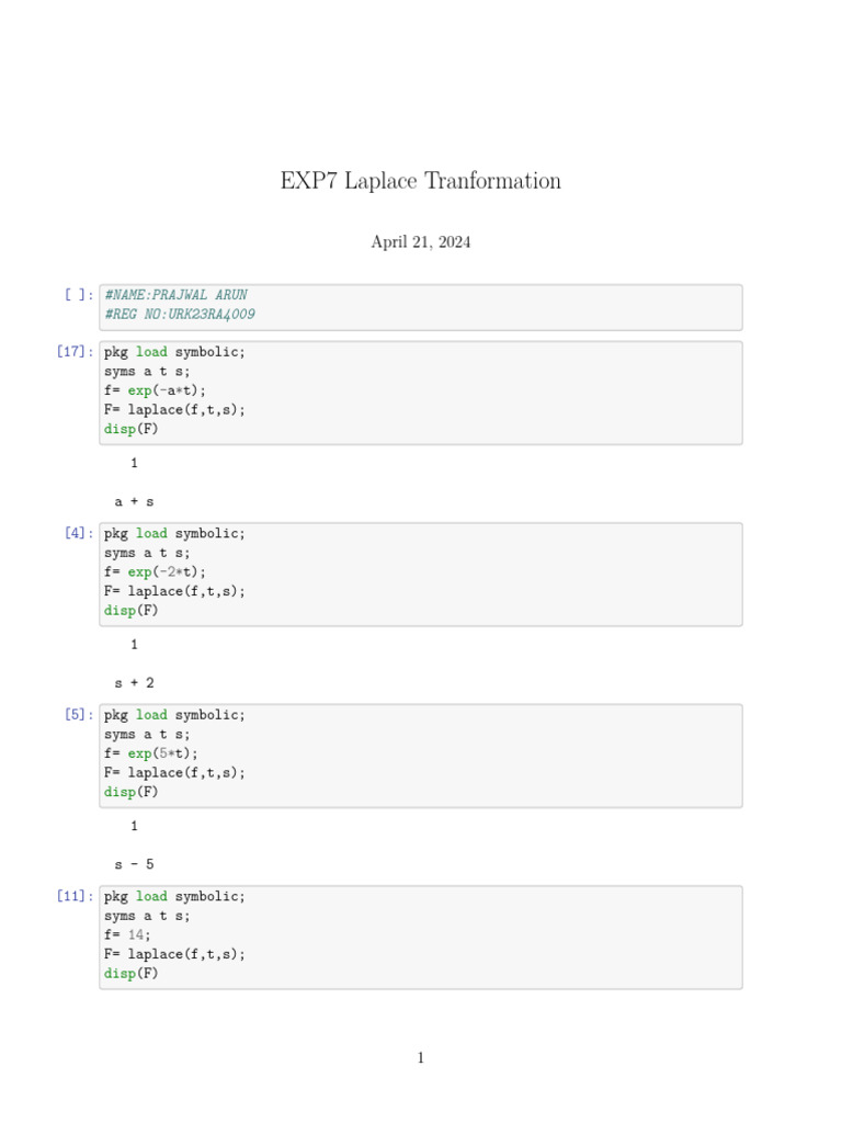 EXP7 Laplace Tranformation | PDF | Teaching Methods & Materials | Science & Mathematics