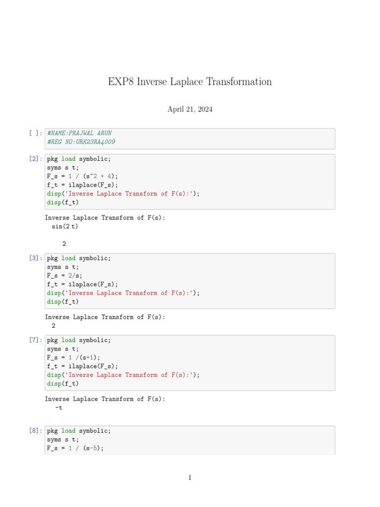 EXP8 Inverse Laplace Transformation | PDF | Teaching Methods & Materials | History
