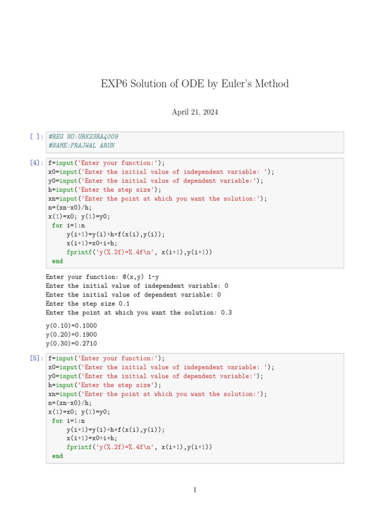 EXP6 Solution of ODE by Euler's Method | PDF