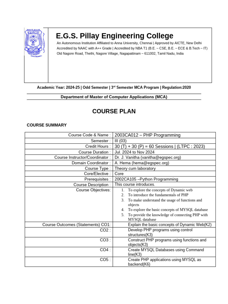 7 - COURSE PLAN 2003CA012 - PHP Programming (2024-25 Odd Semester ... 7 - COURSE PLAN 2003CA012 - PHP Programming (2024-25 Odd Semester ...