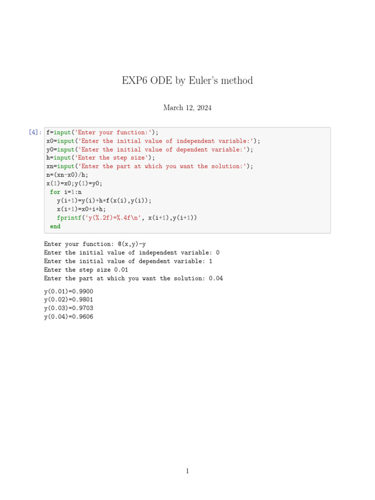 EXP6 ODE by Euler's Method | PDF