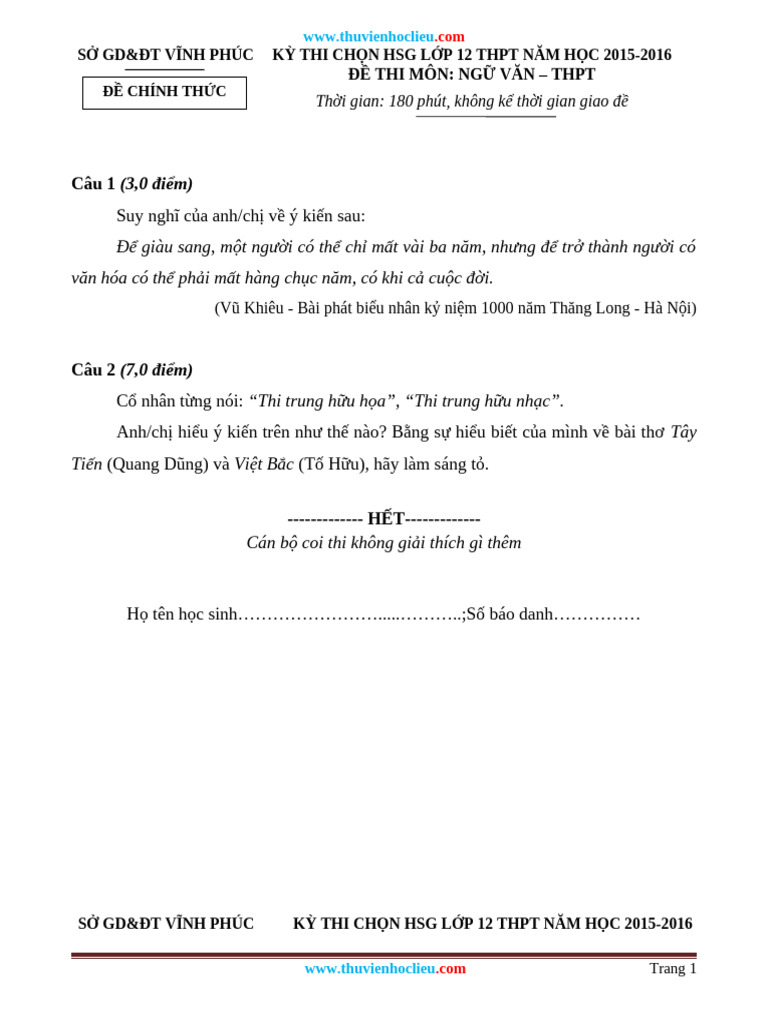 De Thi HSG Van 12 Vinh Phuc 2016 | PDF