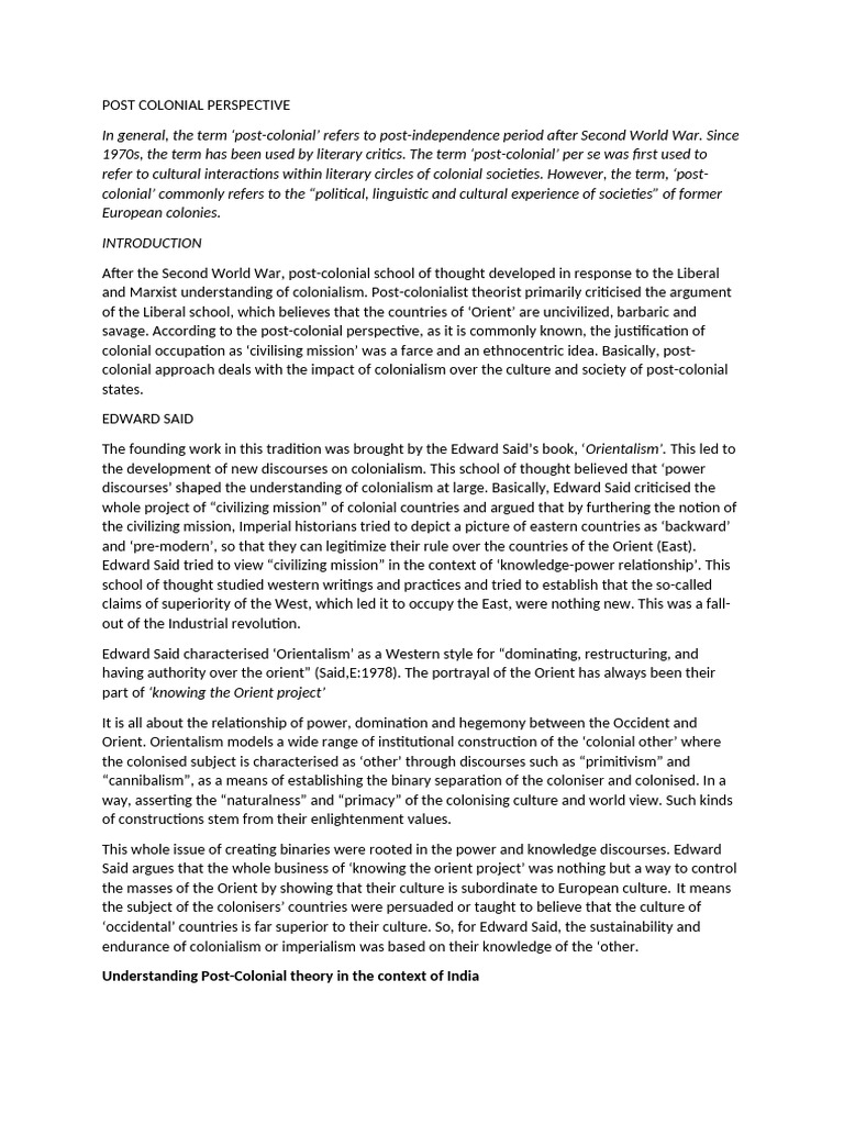 Post-Colonial Theory Overview | PDF | Postcolonialism | Colonialism
