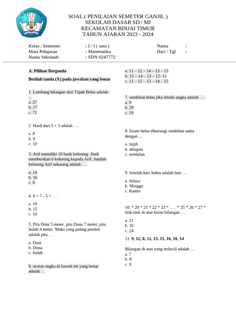 SOAL MM Kelas 1 Baruu | PDF