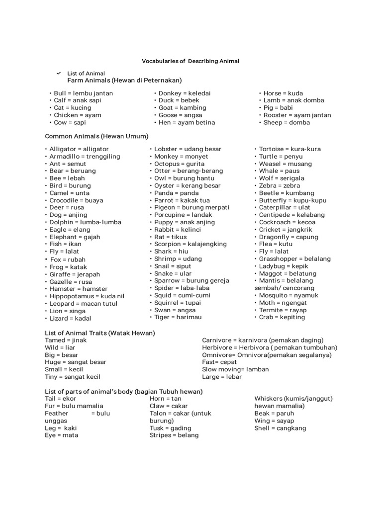 Animal Vocabulary List in English | PDF