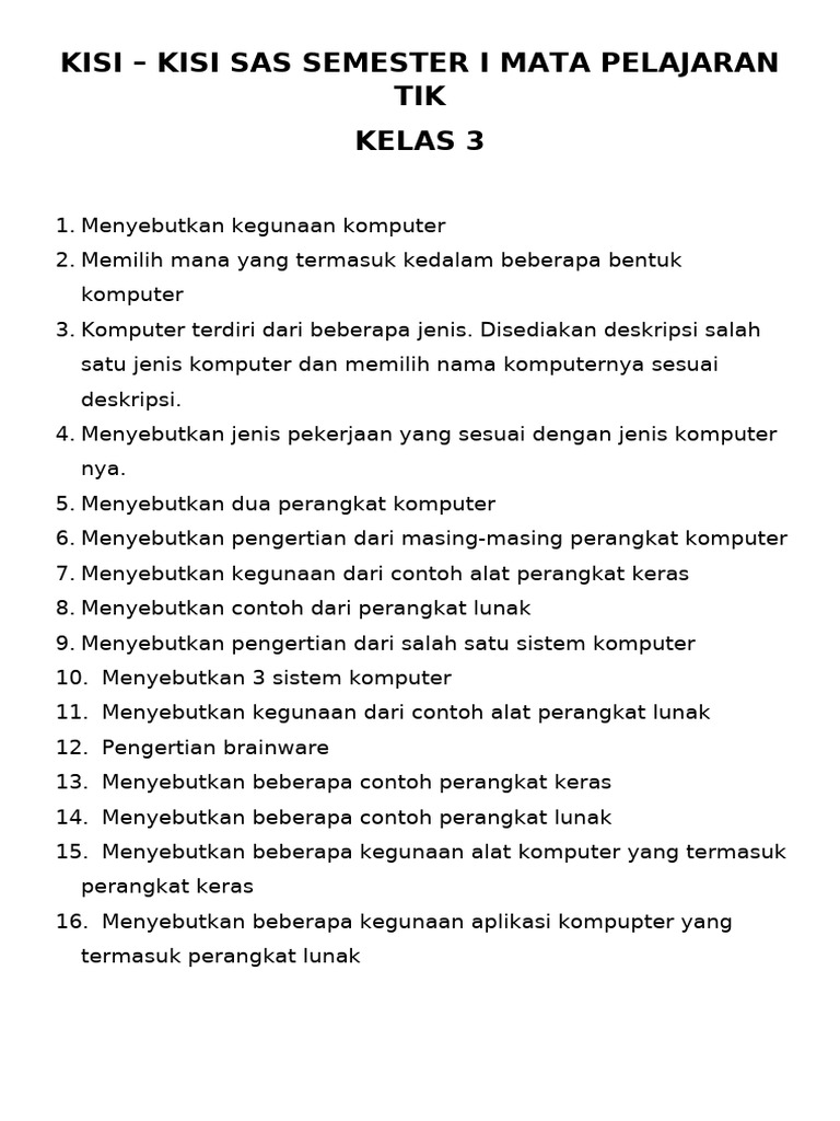Kisi Kisi Sas Tik Kelas 3 | PDF | Seni | Komputer