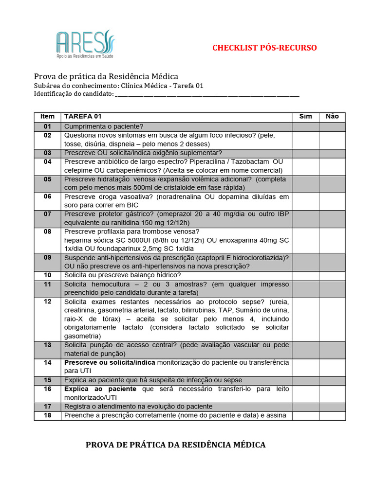 Checklist Tarefas 1 e 2 Clínica Médica APÓS RECURSOS | PDF | Sepse ...