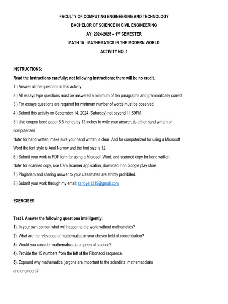 Math 15 Activity 1 | PDF | Mathematics