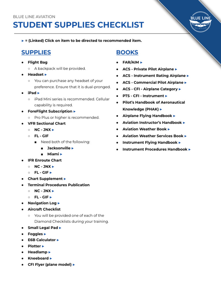 Blue Line Aviation Student Supplies List | PDF | Business