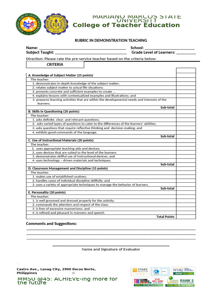 Rubric in Demonstration Teaching | PDF | Teachers | Learning