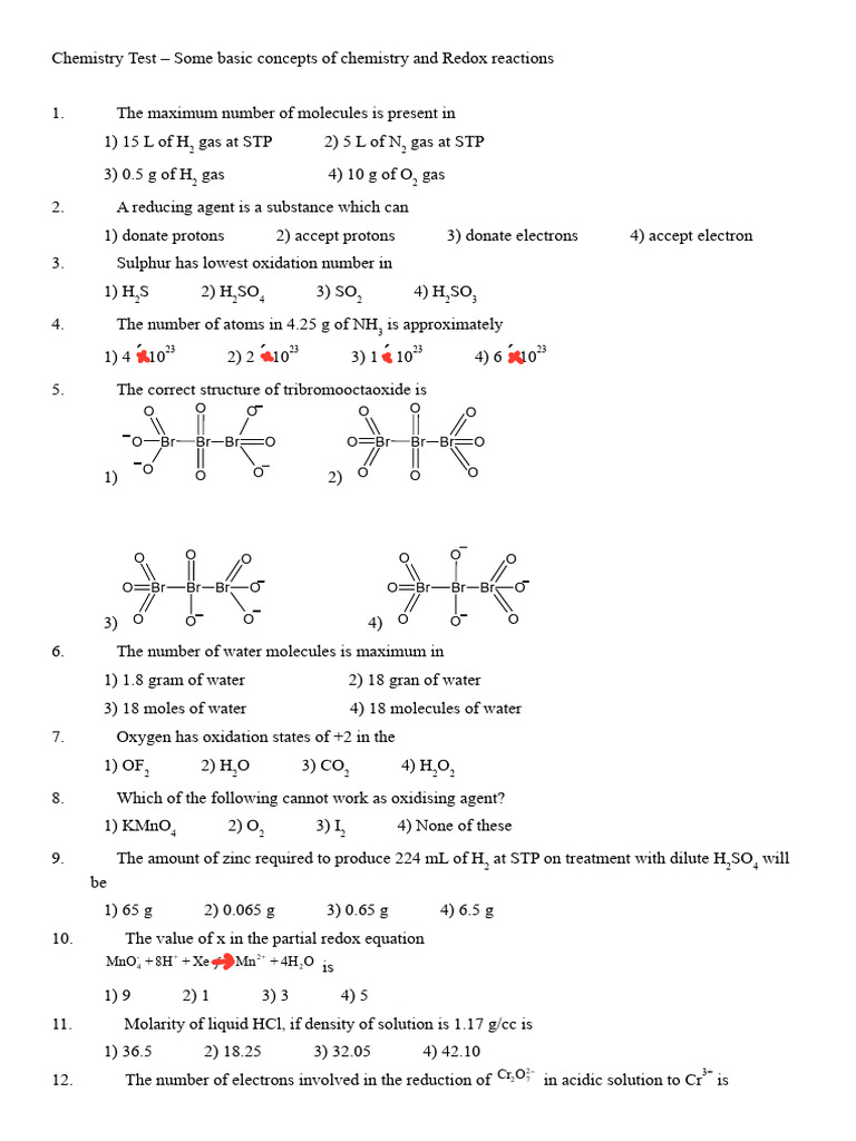 Chemistry Test DNK(2) | PDF | Mole (Unit) | Redox
