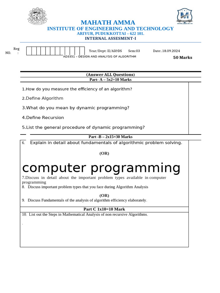 Internal Assessment on Algorithm Design | PDF | Teaching Methods ...