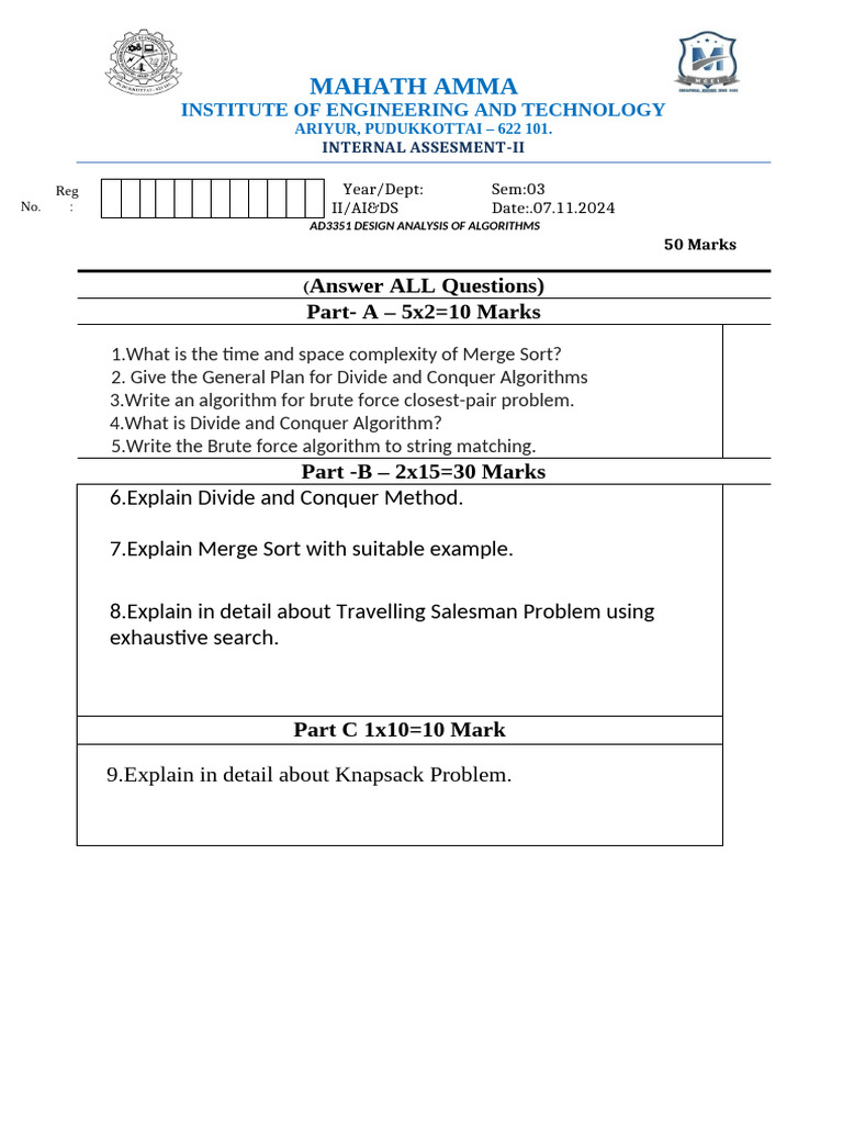 DAA Cycle Test-2 Question Paper | PDF | Teaching Methods & Materials