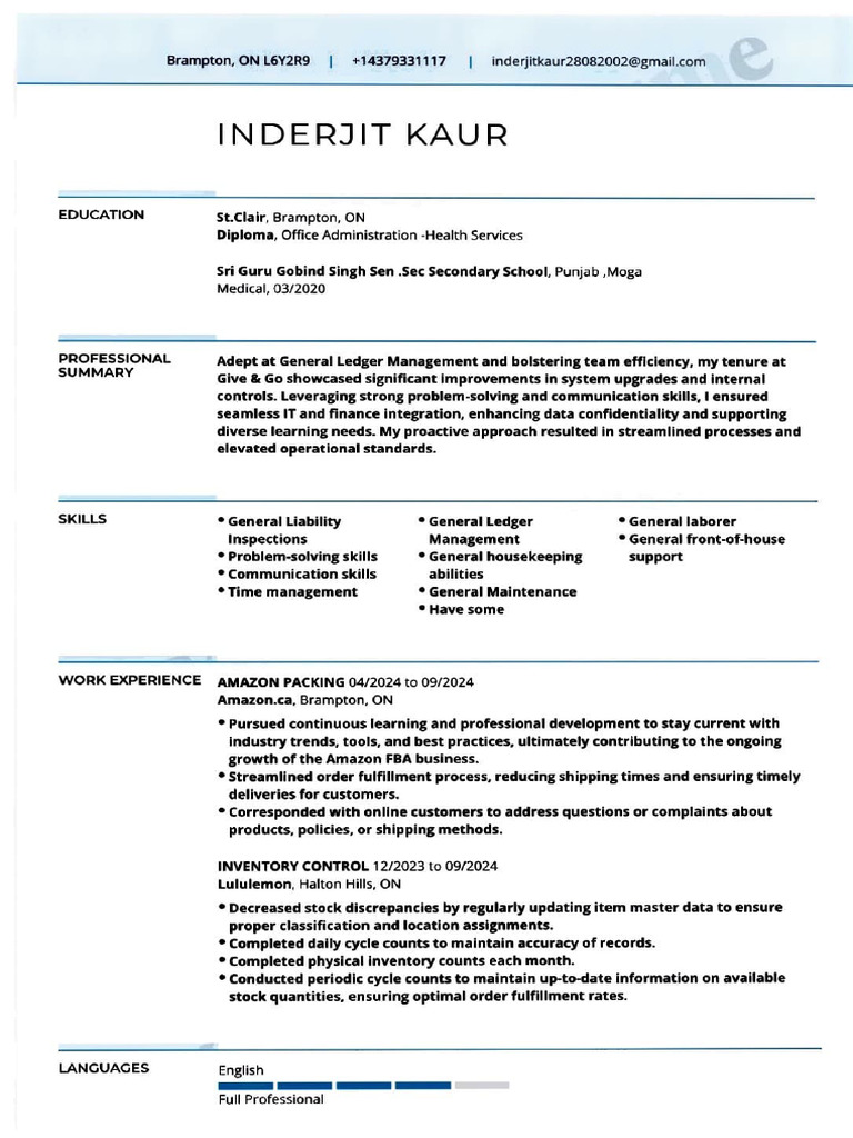 Inderjit Kaur .Experience | PDF | Business