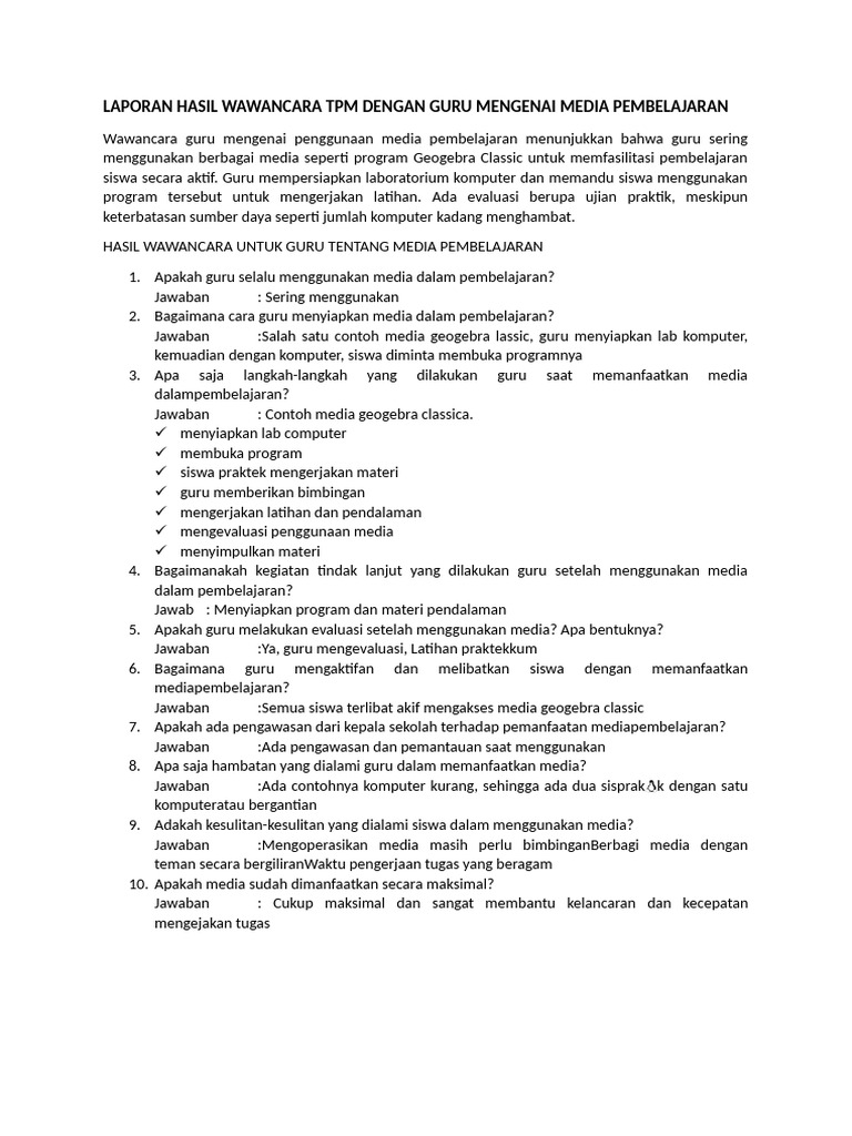 Laporan Hasil Wawancara TPM Dengan Guru Mengenai Media Pembelajaran | PDF | Karier ...