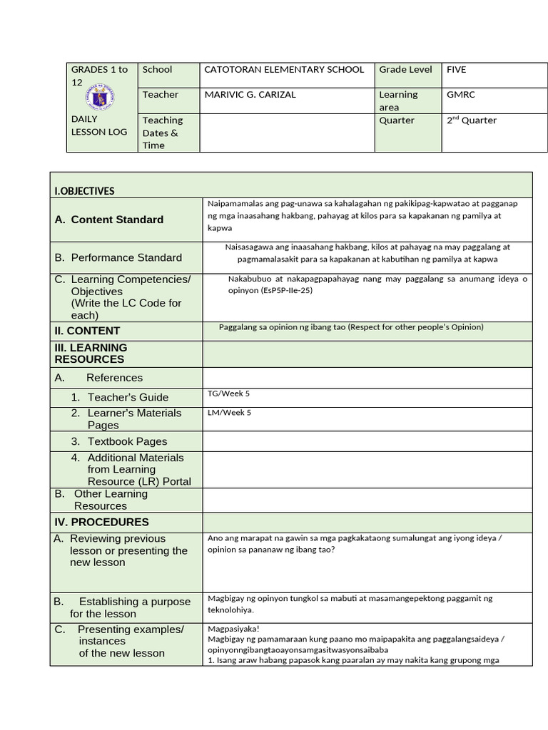 Dlp Gmrc 5 Week 5 Pdf