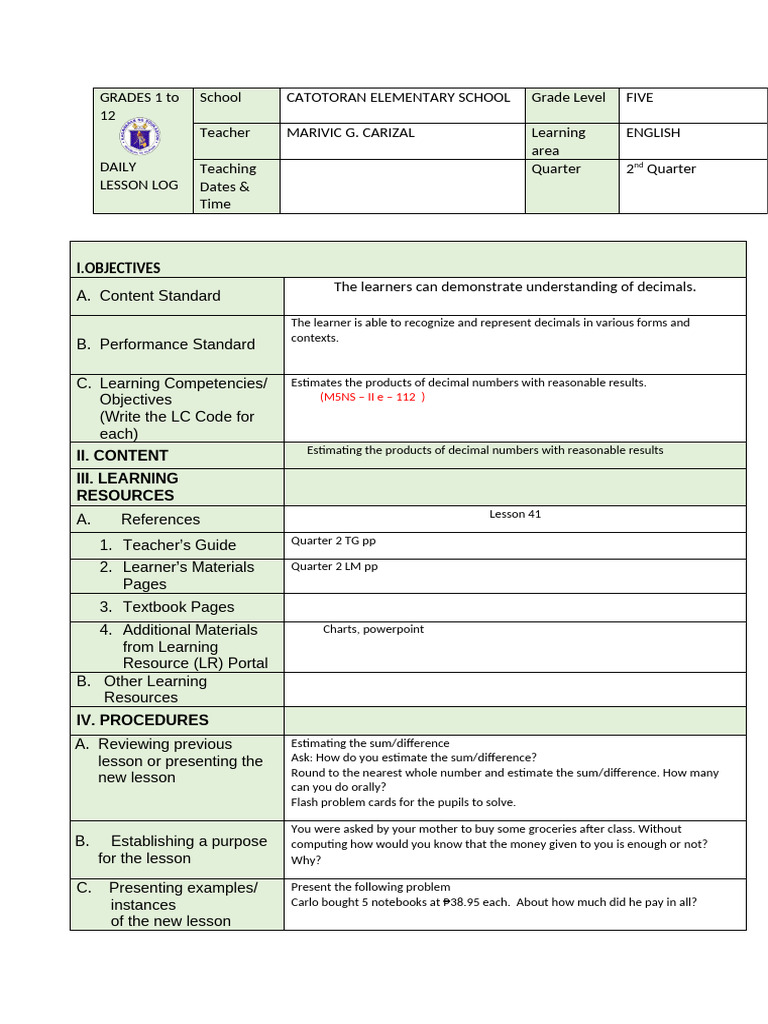 DLP Math 5 Week 5 | PDF | Teachers | Learning